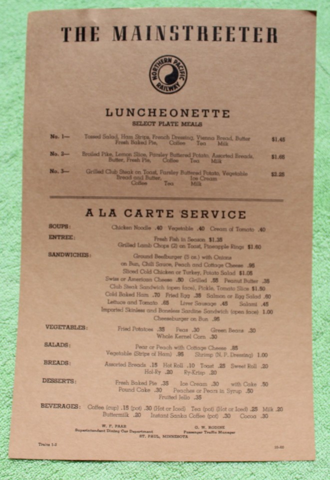 1960 Northern Pacific Railroad MainStreeter Railway Dining Car Menu ...