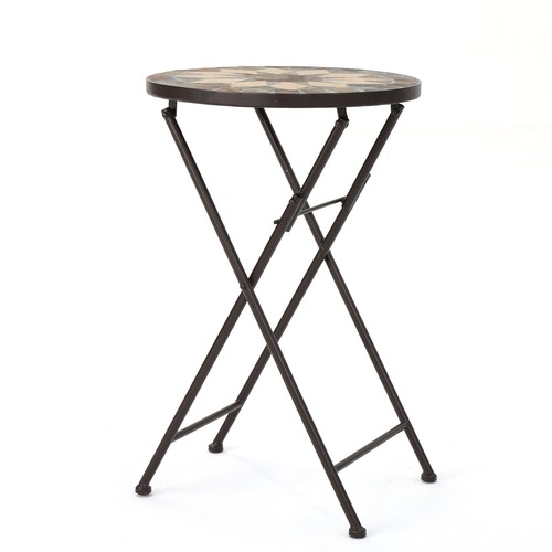 Owen Outdoor Stone Side Table with Iron Frame, Beige and Black ...