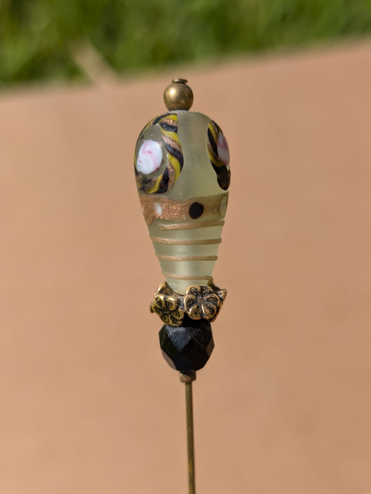 Antique Long Hat Pin Beautiful Hand Painted Glass Sti… - Gem