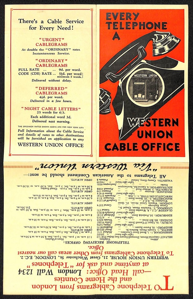 Every Telephone A Western Union Cable Office c1936 Adv. Folded Flyer ...