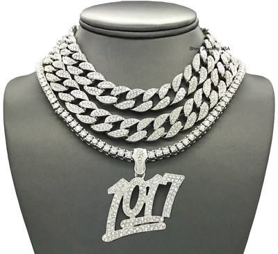 SILVER ICED MIAMI CUBAN CHOKER & 1017 PENDANT NECKLACE SET HIP HOP | eBay