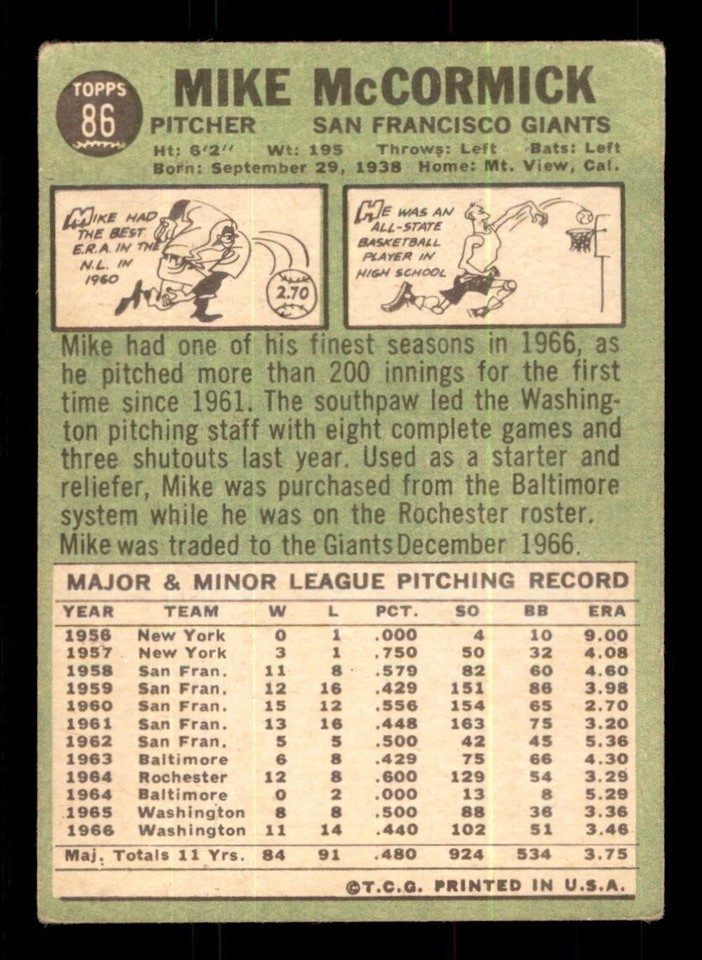 1967 Topps Baseball #86 Mike McCormick VG *e1 | eBay