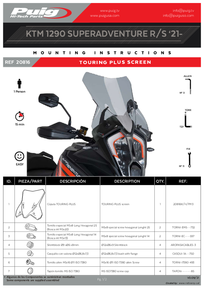 Puig Touring Plus Screen Windshield for KTM 1290 Super Adventure S (21 ...