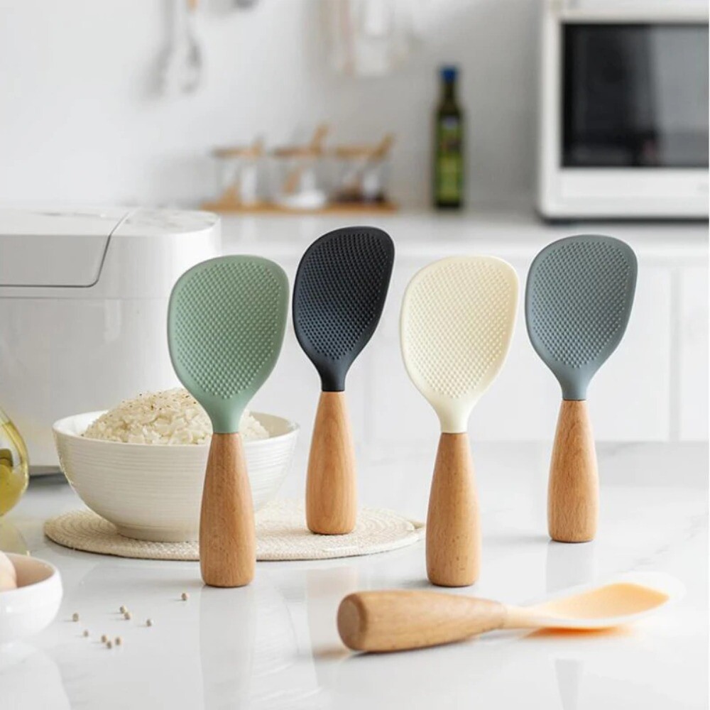 Wooden Handle Rice Spatula Standing Silicone Rice Spoon Heat Resistant ...