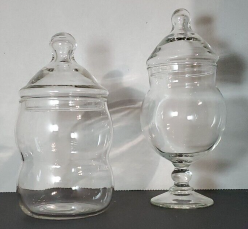 GLASS Candy Dishes Clear Pedestal & Flat Foot+ Lids VINTAGE Set Of 2 ...