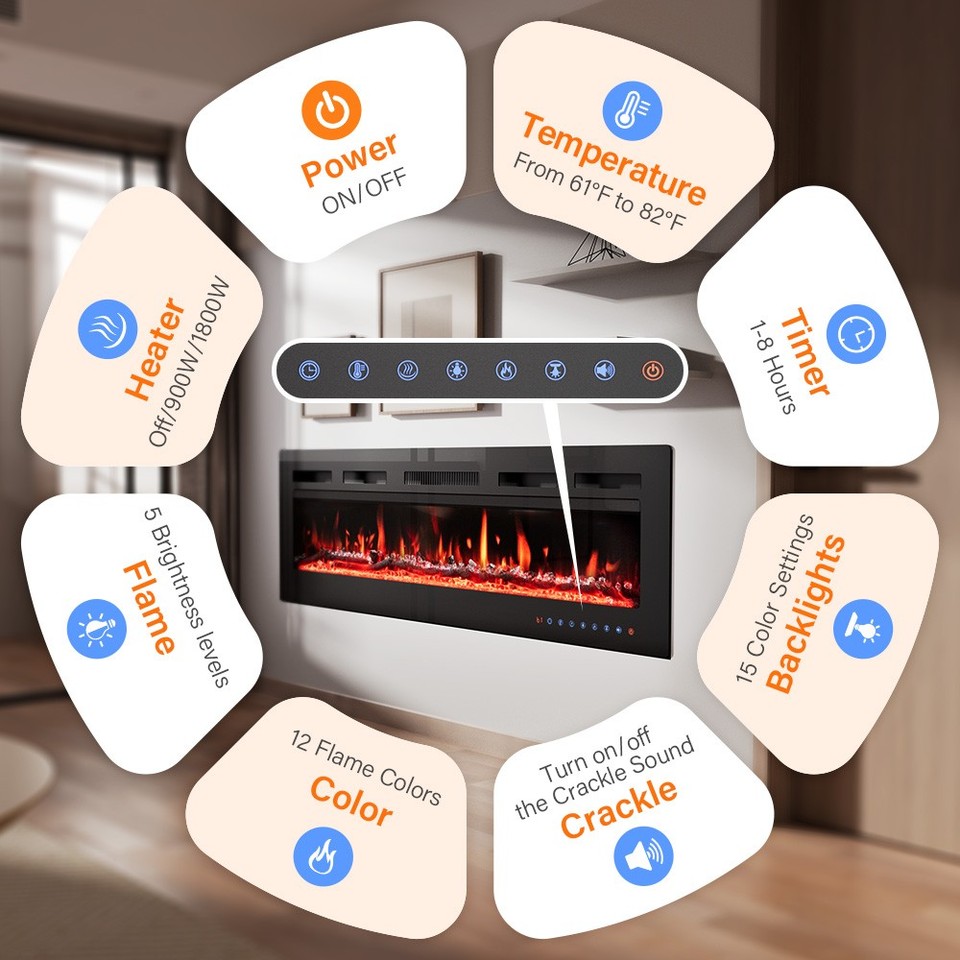 50"/127cm Electric Fireplace Heater Stove |Touch Screen & Remote Fire ...