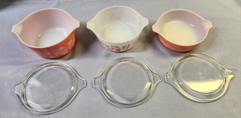 VINTAGE PYREX PINK GOOSEBERRY 3-Pc. W/ lids CASSEROLE SET: 471, 472 ...