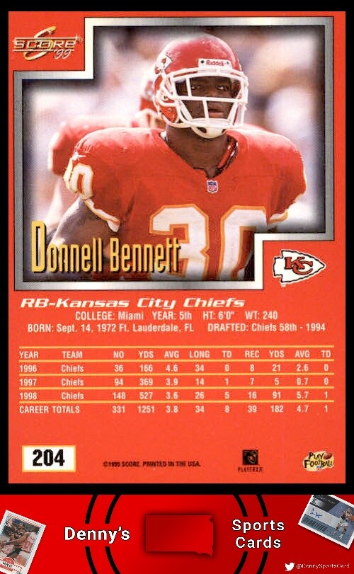 1999 Score #204 Donnell Bennett Kansas City Chiefs Football Card | eBay