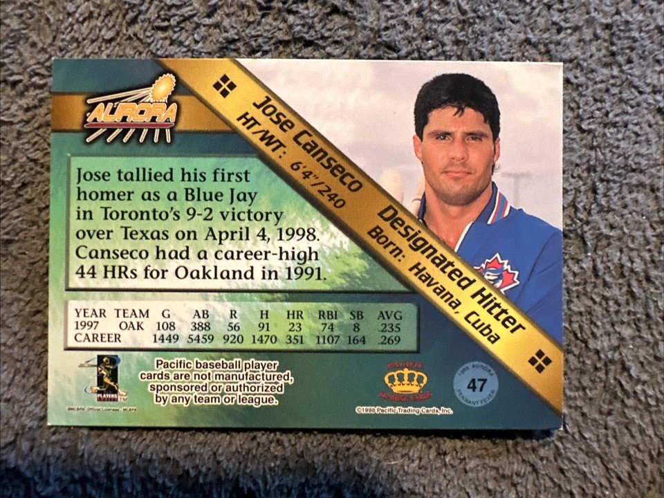 Jose Canseco 1998 Pacific Aurora Pennant Fever #47 Toronto Blue Jays ...