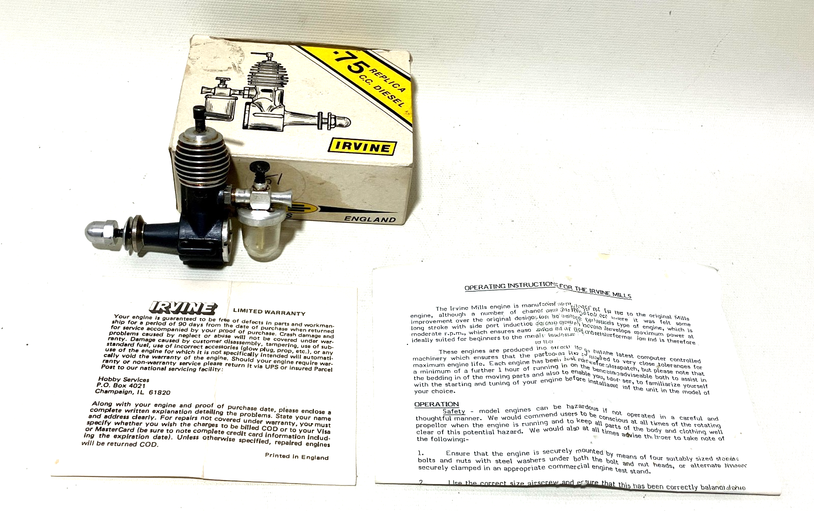New in Box (England) Irvine .75cc Diesel C/L-F/F Model Airplane Engine ...