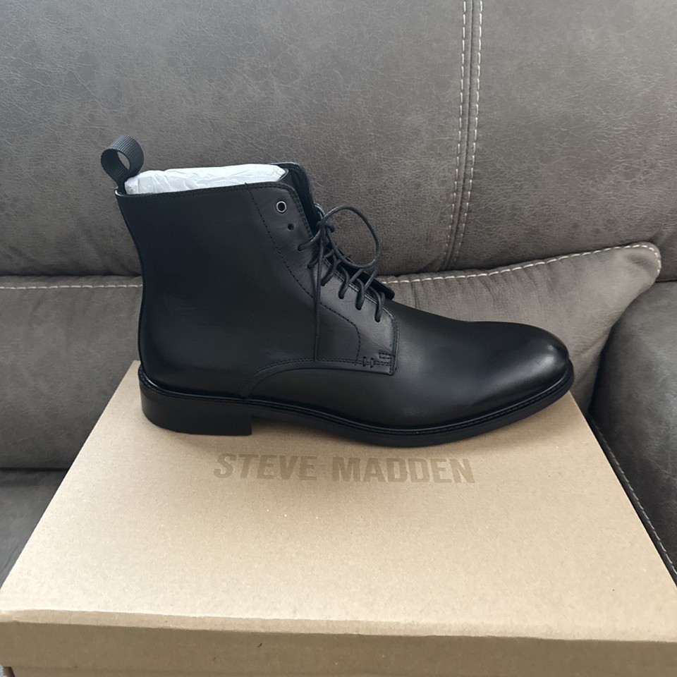 STEVE MADDEN Mens Black Front Heel Pull-Tab Yenith Leather Boots Shoes ...