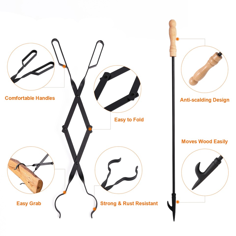 Heavy Duty 32” Long Fireplace Fire Pit Campfire Poker Stick Tongs Log ...