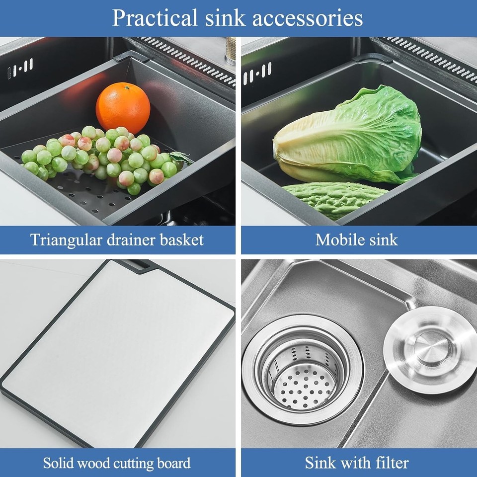 30X18 INCH Two Waterfall Smart Kitchen Sink with Digital Display Pull ...