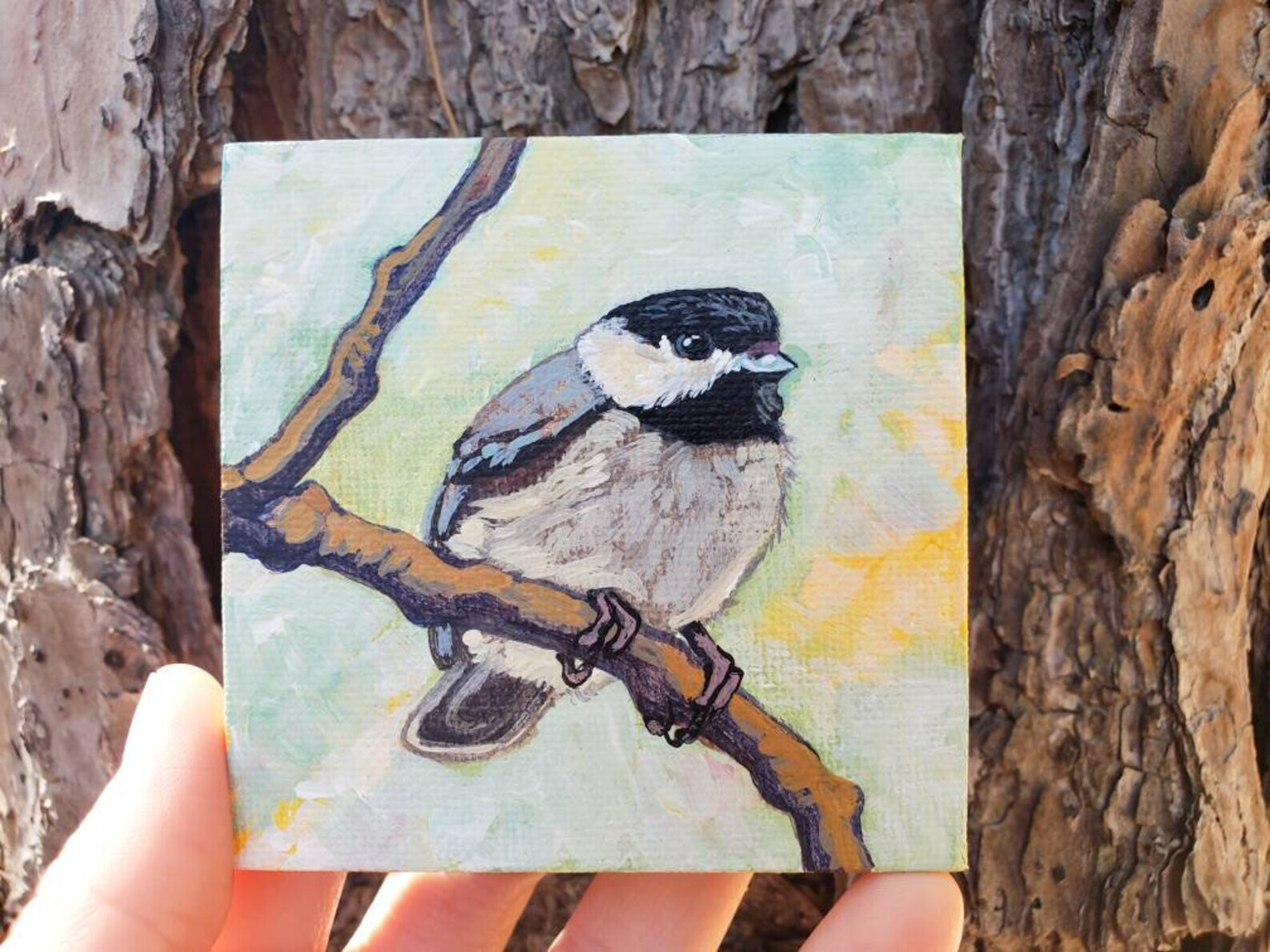 Chickadee bird painting, cottagecore, forestcore, woodland art original ...