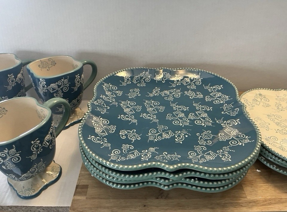 Brand New Temptations Dish Set Of 4 Turquoise Shell Floral Pattern | eBay