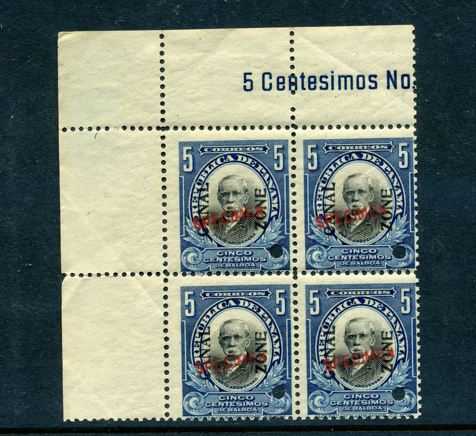 Canal Zone Scott #54S Overprint Specimen Overprint Corner Margin Block ...