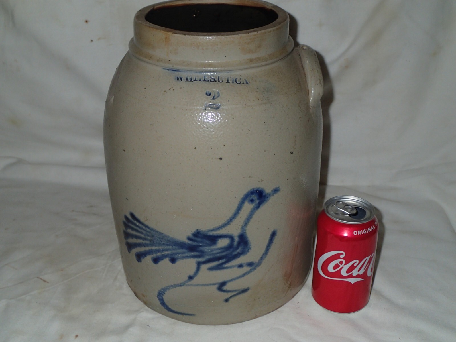 ANTIQUE PRIMITIVE USA STONEWARE BLUE BIRD CROCK WHITES UTICA N.Y. SALT ...