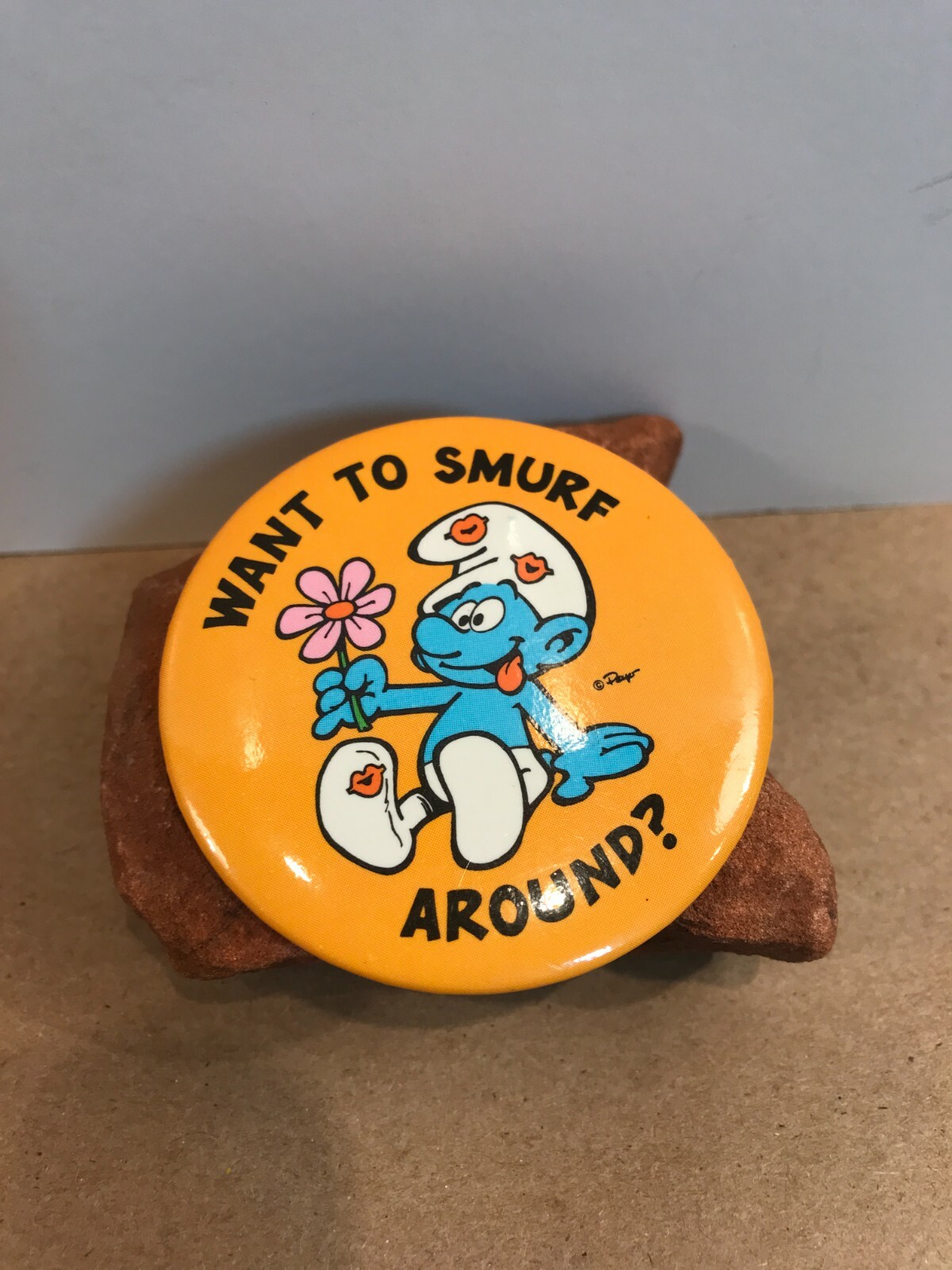 Vintage Smurf Button Pin Pinback Want To Smurf Around? Peyo VTG 1980s ...