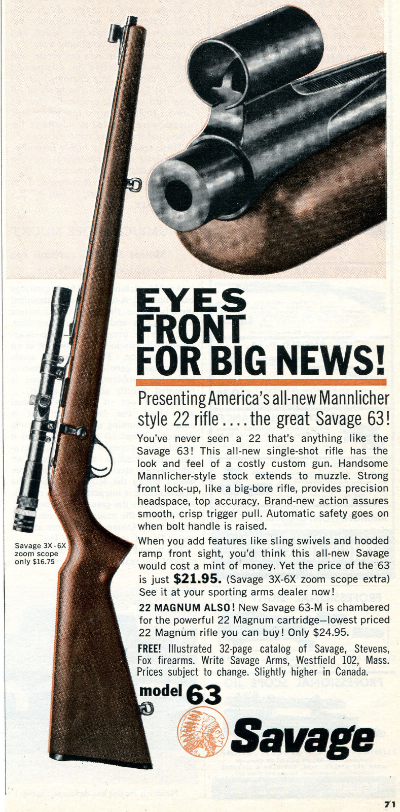 1963 Print Ad of Savage Model 63 Mannlincher Style .22 Rifle eyes front ...