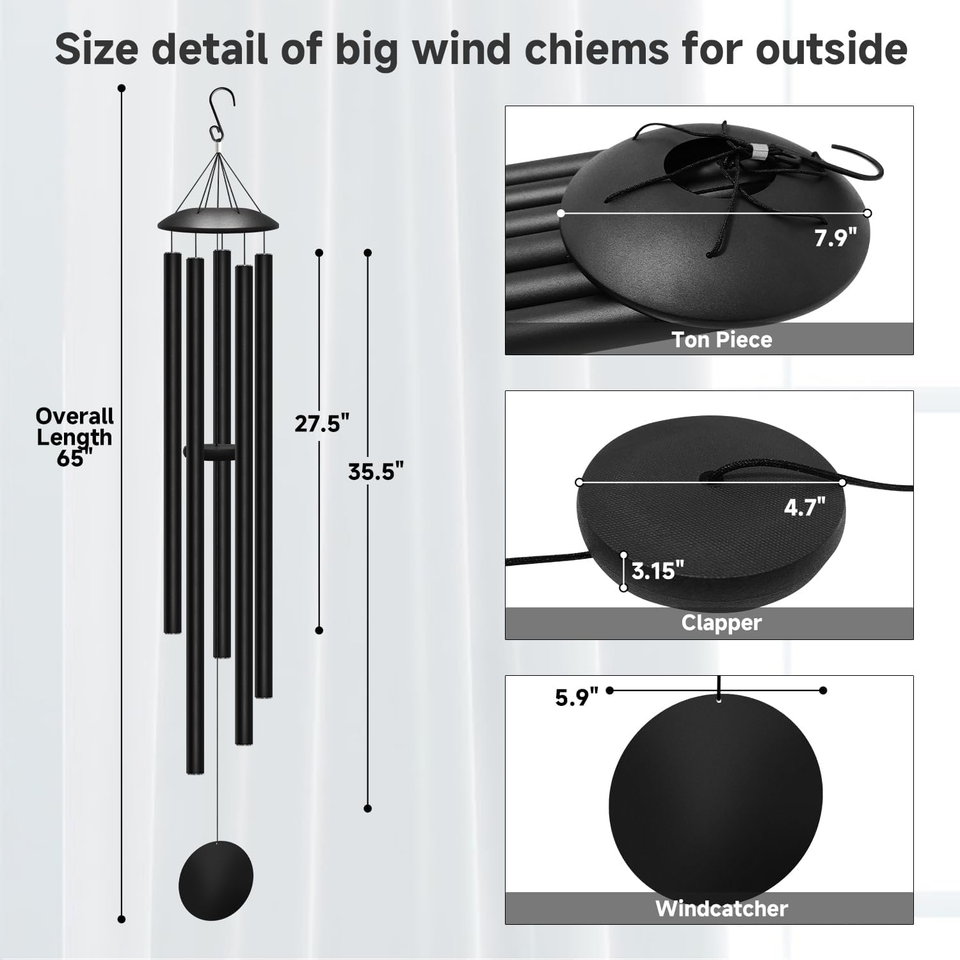 65" Extra Large Wind Chimes for outside Deep Tone, 5 Thick and Bold ...