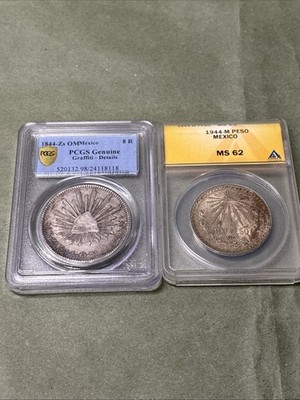 Mexico Silver Coin Set: 1844 8 Reales & 1944 Peso NGC MS62 Graded ...