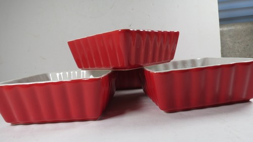 Red Stoneware Baking Dishes Set 4 Square Ribbed White Interior 4"x4"x1 ...