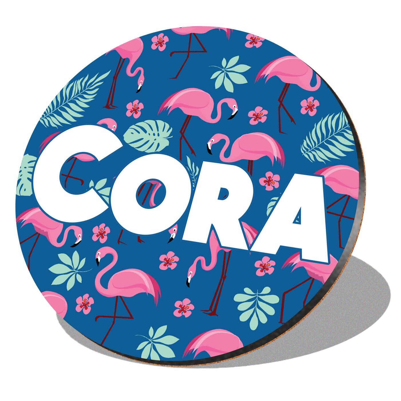 1 x Round Coaster - Name Cora Tropical Flamingo Palm Flower Lettering ...