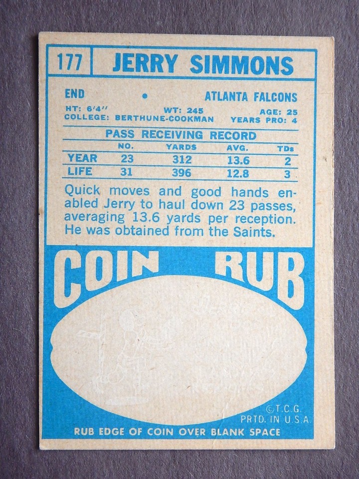 Jerry Simmons #177 Topps 1968 Football Card (Atlanta Falcons) *VG | eBay