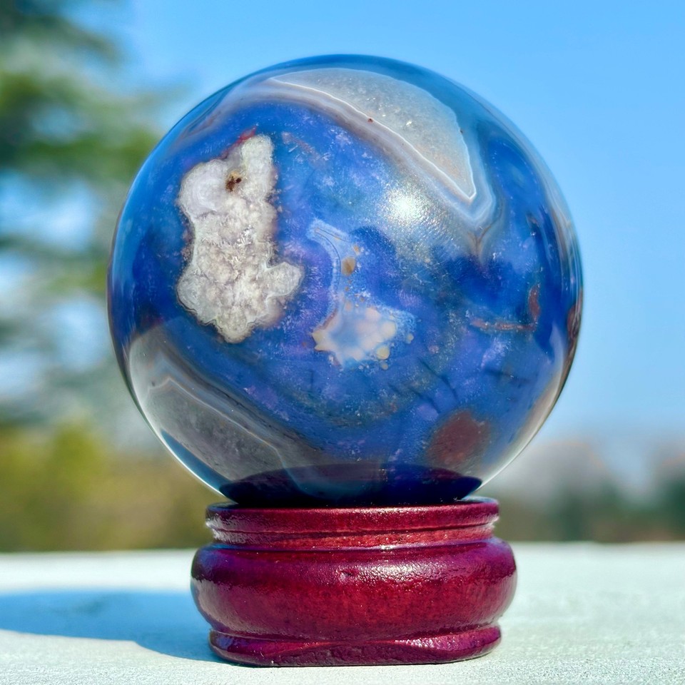 174G Natural Blue Cherry Blossom Agate Sphere Crystal Ball Gem Reiki ...