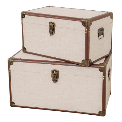 Set of 2 Cream Linen and Brown Leatherette Storage Chests Trunks | eBay