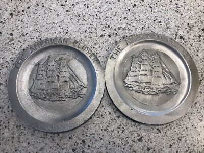 Vintage Pewter Plate Set (2) 6 1/2” Diameter The American Clipper Ship ...