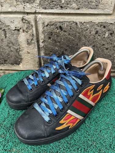 Gucci Ace 440724 Black Leather Flames Low Top Sneakers Sz US 9.5 || UK ...