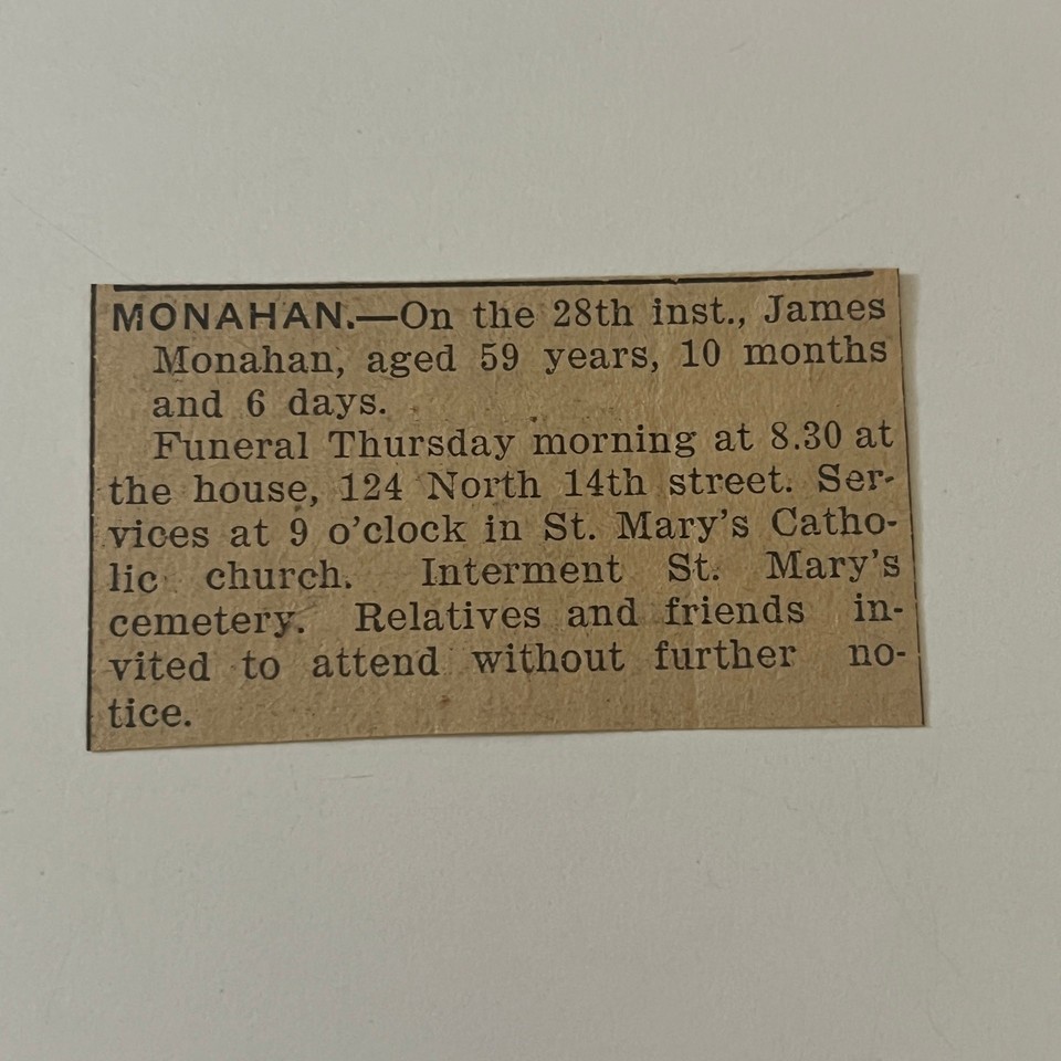 James Monahan Interment St Mary's Cemetery 1907 Lebanon PA Clipping ...