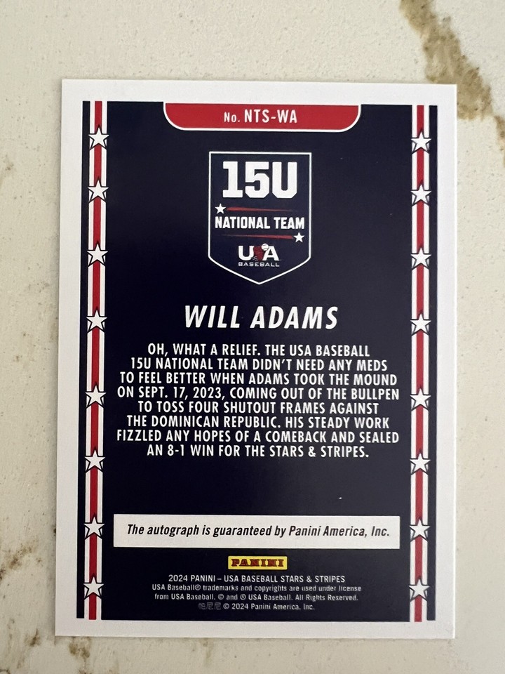 Will Adams 15U National Team 2024 Panini USA Stars & Stripes Holo Auto ...