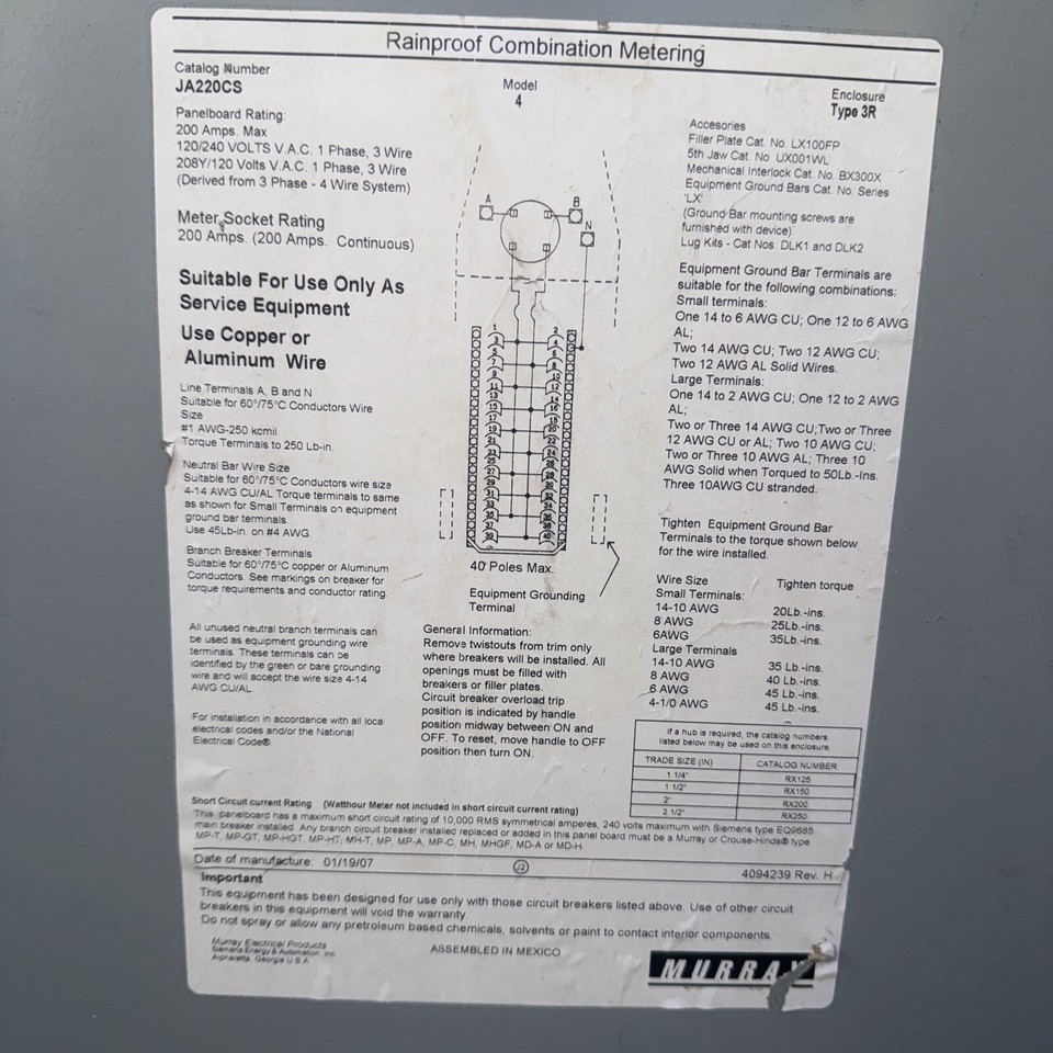 MURRAY JA220CS DEAD FRONT COVER 200A 120/240V 1PH 20SPC LONG 19 3/8 ...