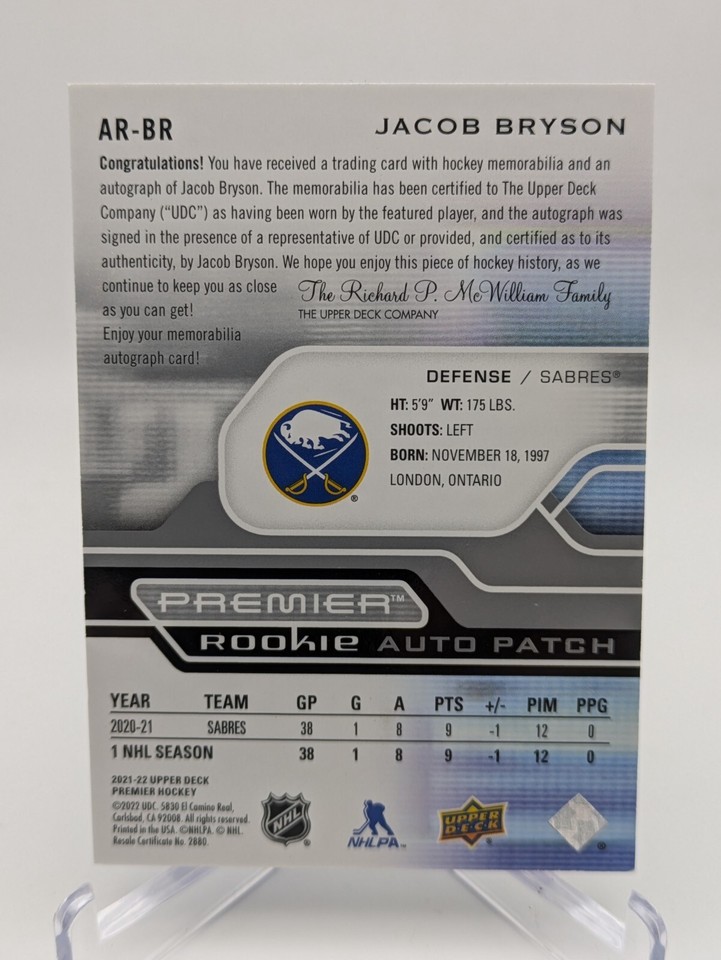 💥2021-22 Upper Deck Premier Jacob Bryson SP Rookie Auto Tri-Color Patch ...