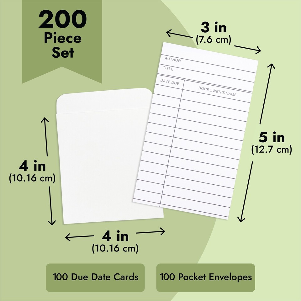 200 Pc Set of 100 Library Card Pockets, 100 Due Date Cards, Self ...