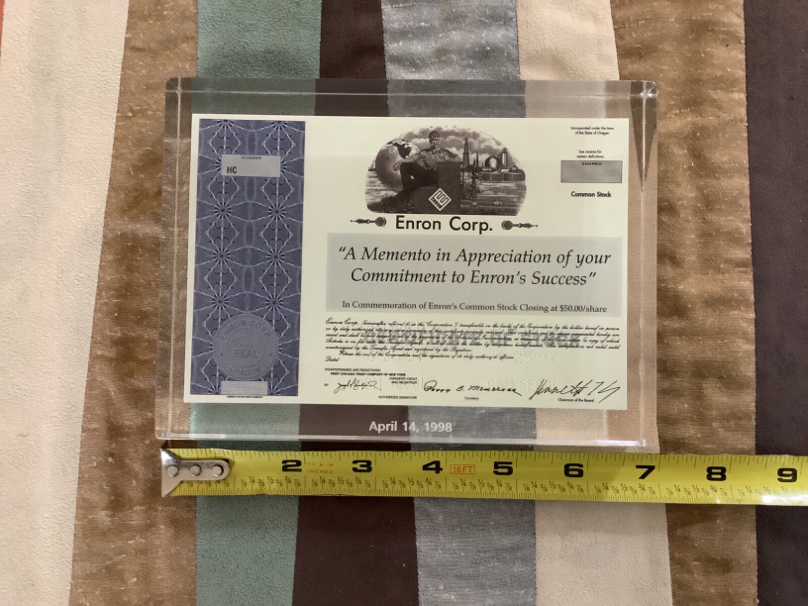 RARE Enron Corp Memento Stock Certificate Employee Gift Lucite ...