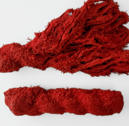 red cotton fuzz ribbon, frizzy edge fibre, macrame weaving textile dark ...