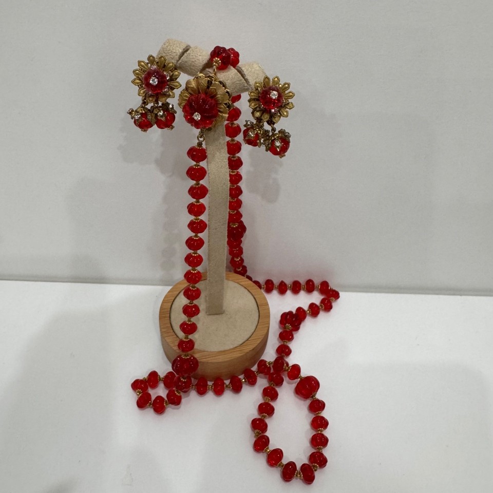 Sign Miriam Haskell Red Mellon Bead Rhinestone Earrings Necklace ...