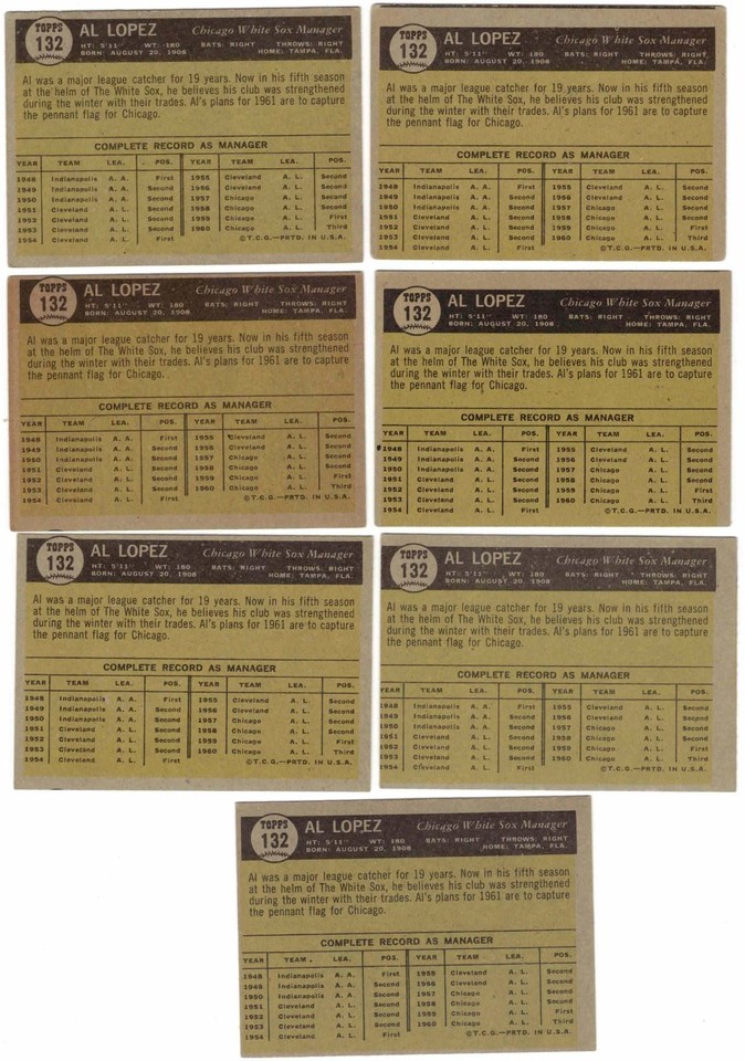 7 Card Lot of 1961 #132, HOFer Al Lopez, Chicago White Sox, Manager | eBay