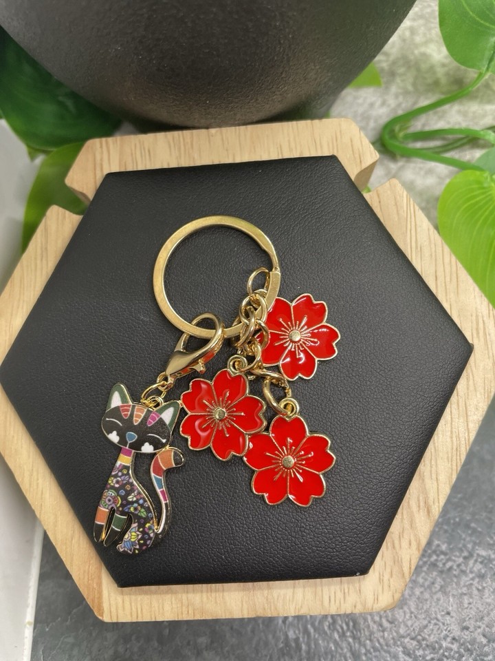 3" Gold-tone Cat Flower Enamel Charm Keychain New Free Ship B4079 | eBay