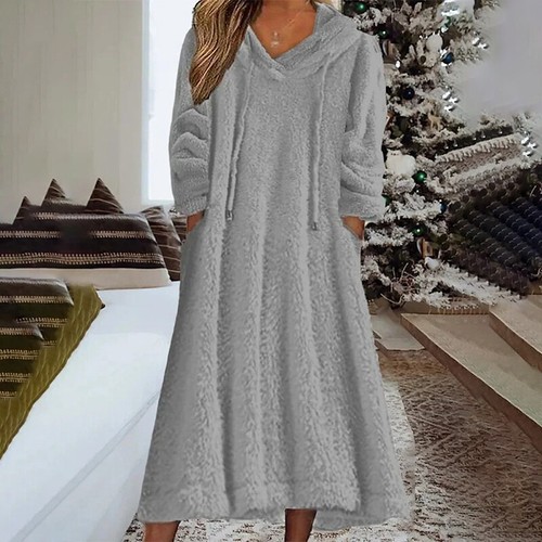 Womens Hooded Long Sleeve Fleece Dress Ladies Casual Fluffy Loose ...