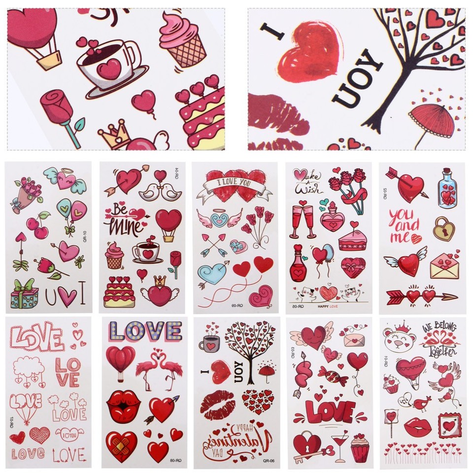10 Sheets Valentine's Day Stickers Valentines Heart Tattoos Temporary ...