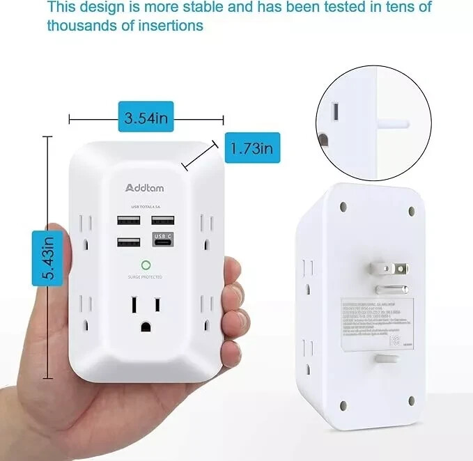 5 Outlet Extender Surge Protector Multi Plug Wall Adapter USB Charger ...