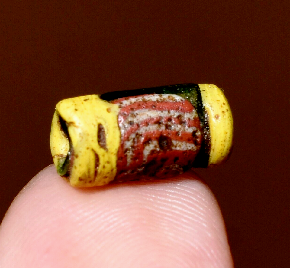 Ancient Dark Green Wound Bead Yellow End Stripes Cane Inserts Mali ...
