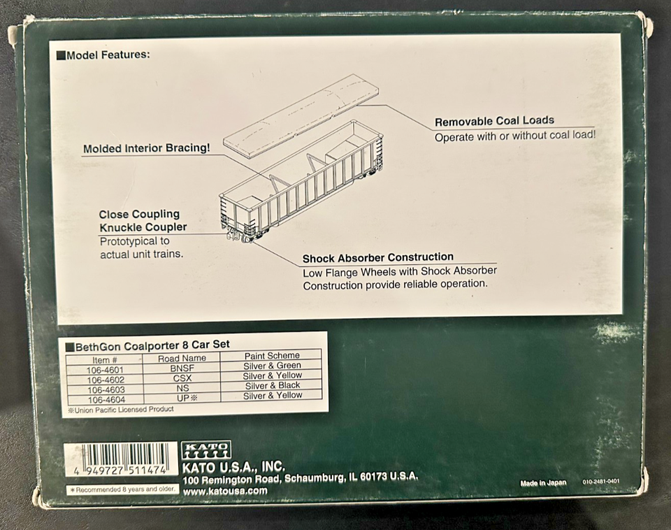 N SCALE SET OF 8 KATO UNION PACIFIC BETHGON COALPORTER, ITEM # 106-4604 ...