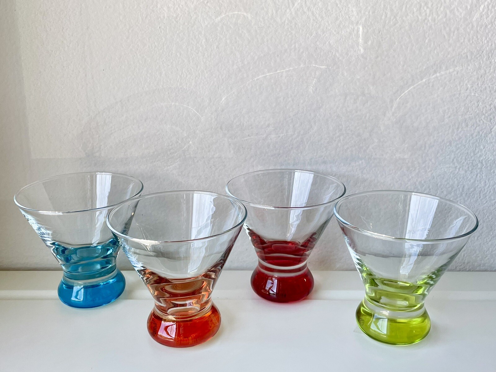 Crate and Barrel Set of 4 Dizzy Cocktail Glasses Green/Orange/Aqua/Red ...