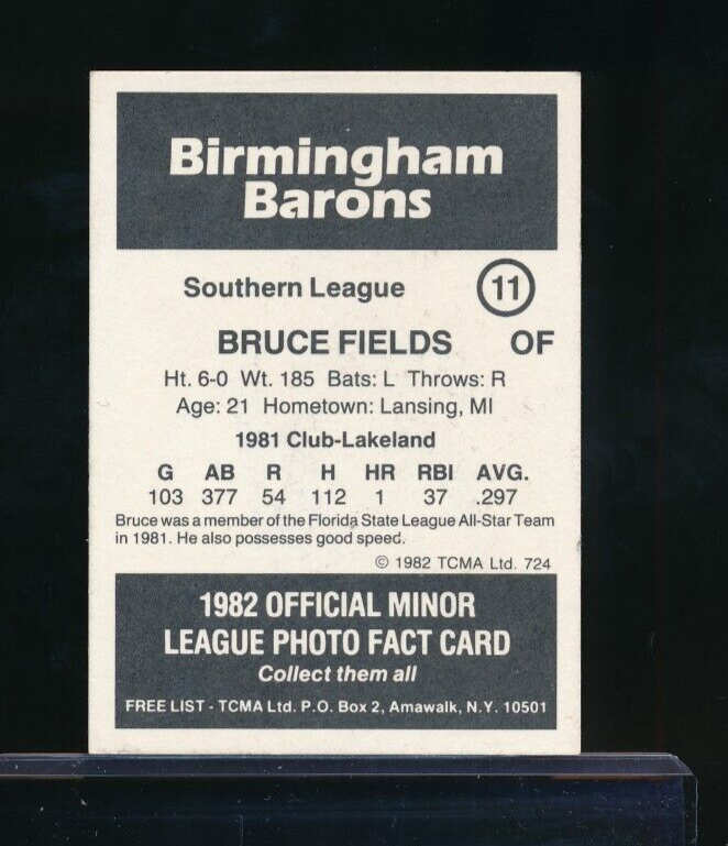 1982 Birmingham Barons TCMA Bruce Fields XRC rookie crisp blue sharpie ...