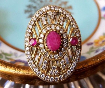 Vintage Ruby & Cubic Zirconia Ring 925 Sterling Silver Plated Size 8.5 ...